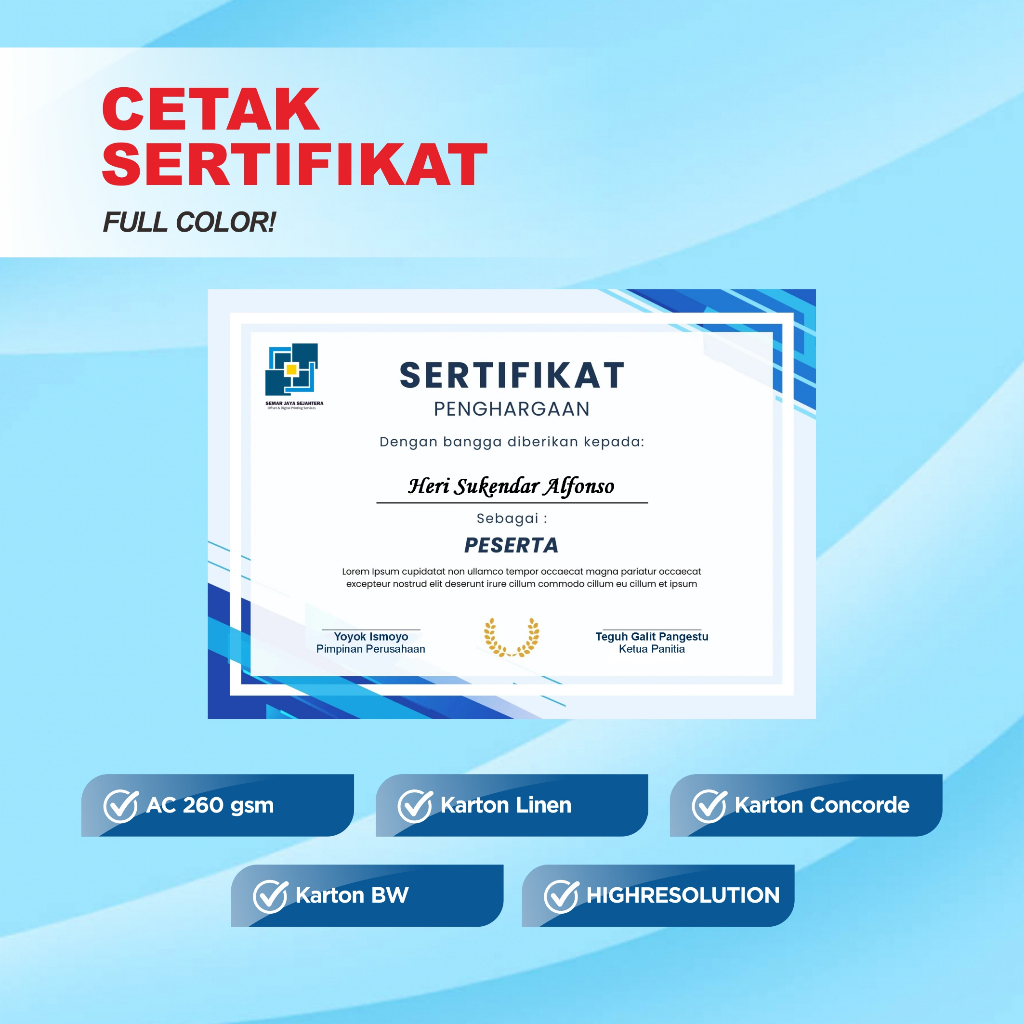 Jual Cetak Sertifikat Piagam full color Costum Ukuran A4 | Shopee Indonesia