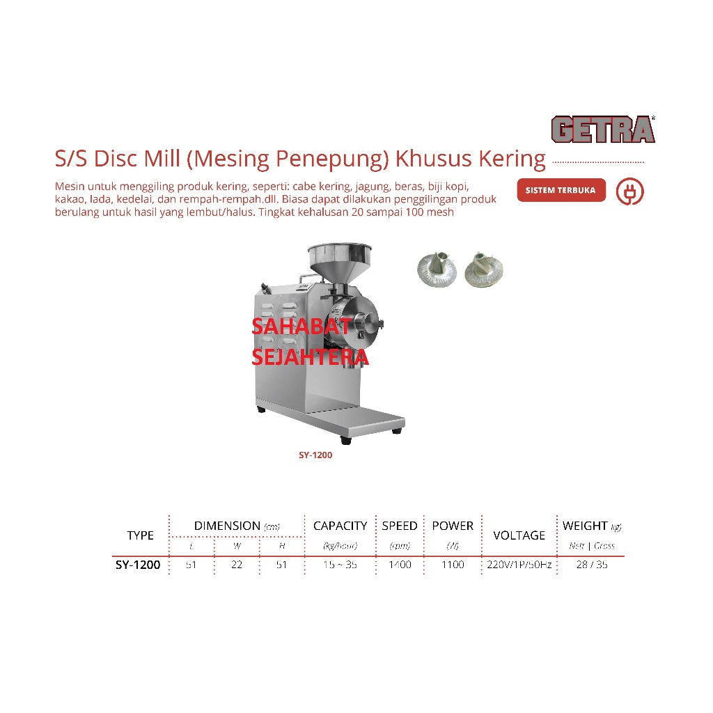 Jual GETRA S/s Disc Mill Mesing Penepung SY-1200 Mesin Untuk ...
