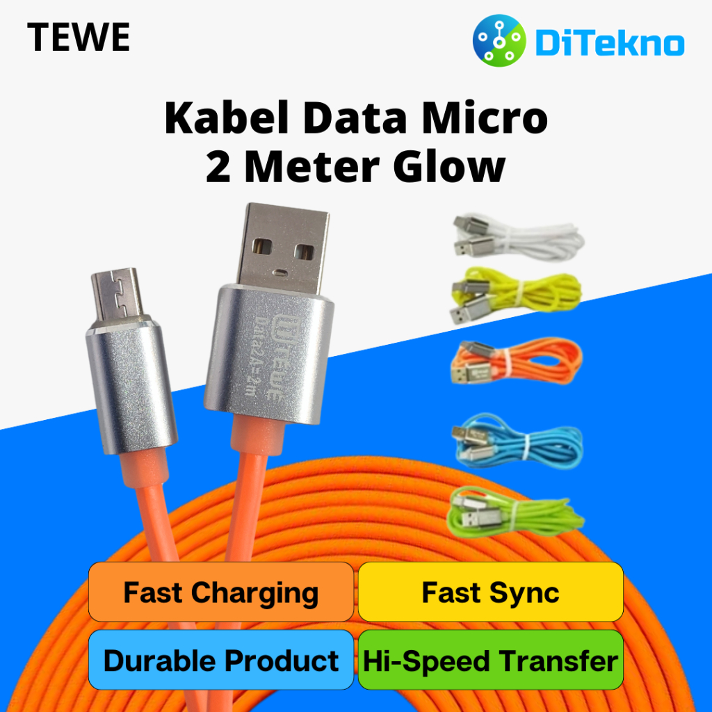 Jual Kabel Data Micro USB 2 Meter Fast Charging Glow Tewe | Shopee ...
