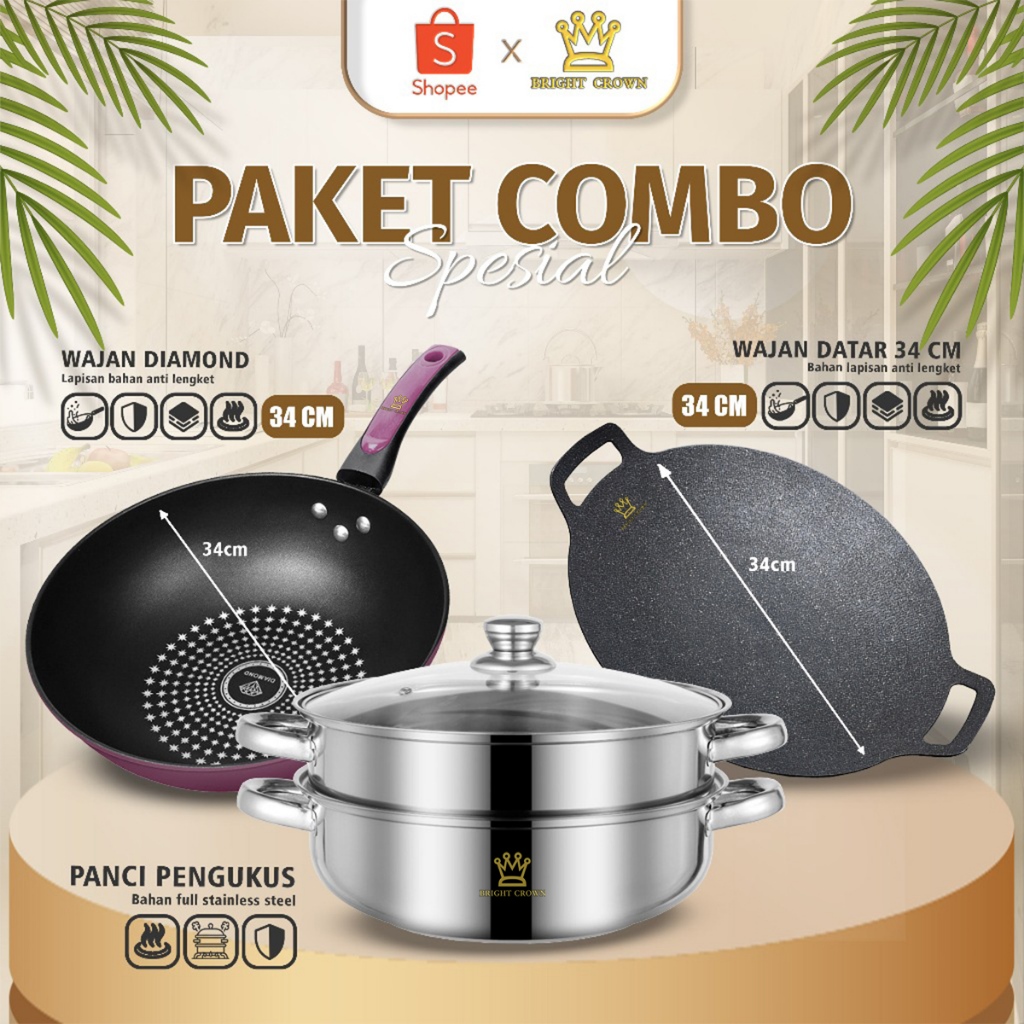 Jual YATT by Bright Crown PAKETHEMAT Wajan Diamond 34Cm+Panci Steamer 28CM Stainless+Wajan BBQ ...