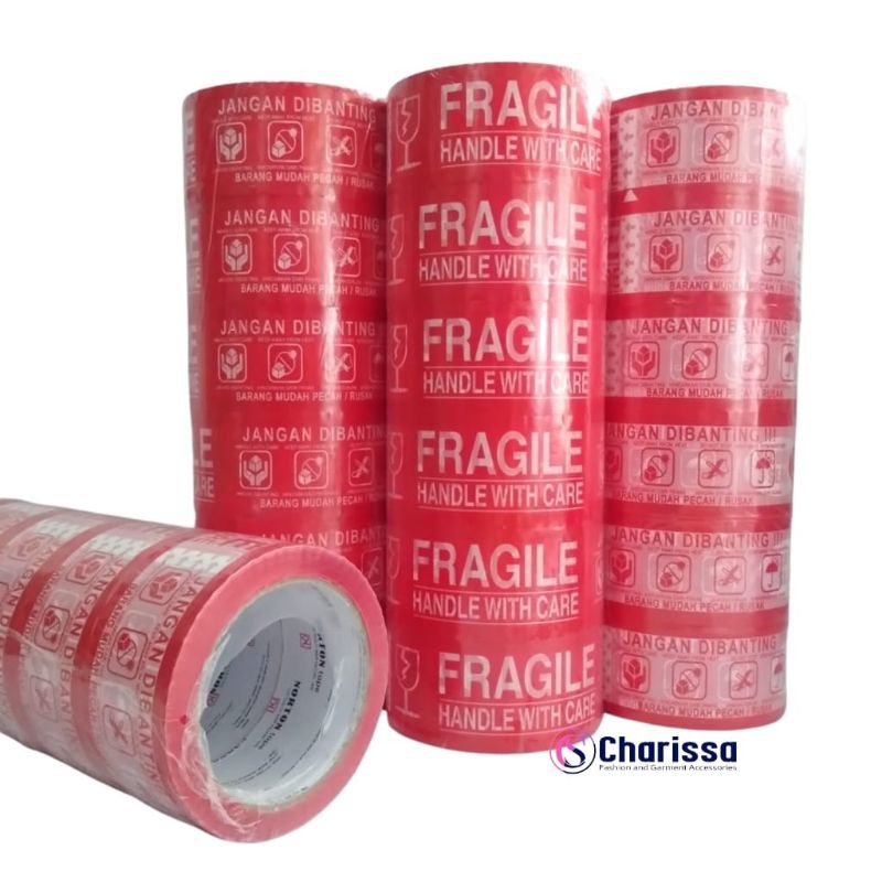 Jual [ ISI 6 ROL ] Lakban FRAGILE merah / isolasi FRAGILE lebar 48mm (4 ...