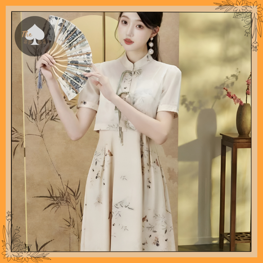 Jual THESPADE SET - Chinese Cheongsam Set Floral Crop Cream & Long ...