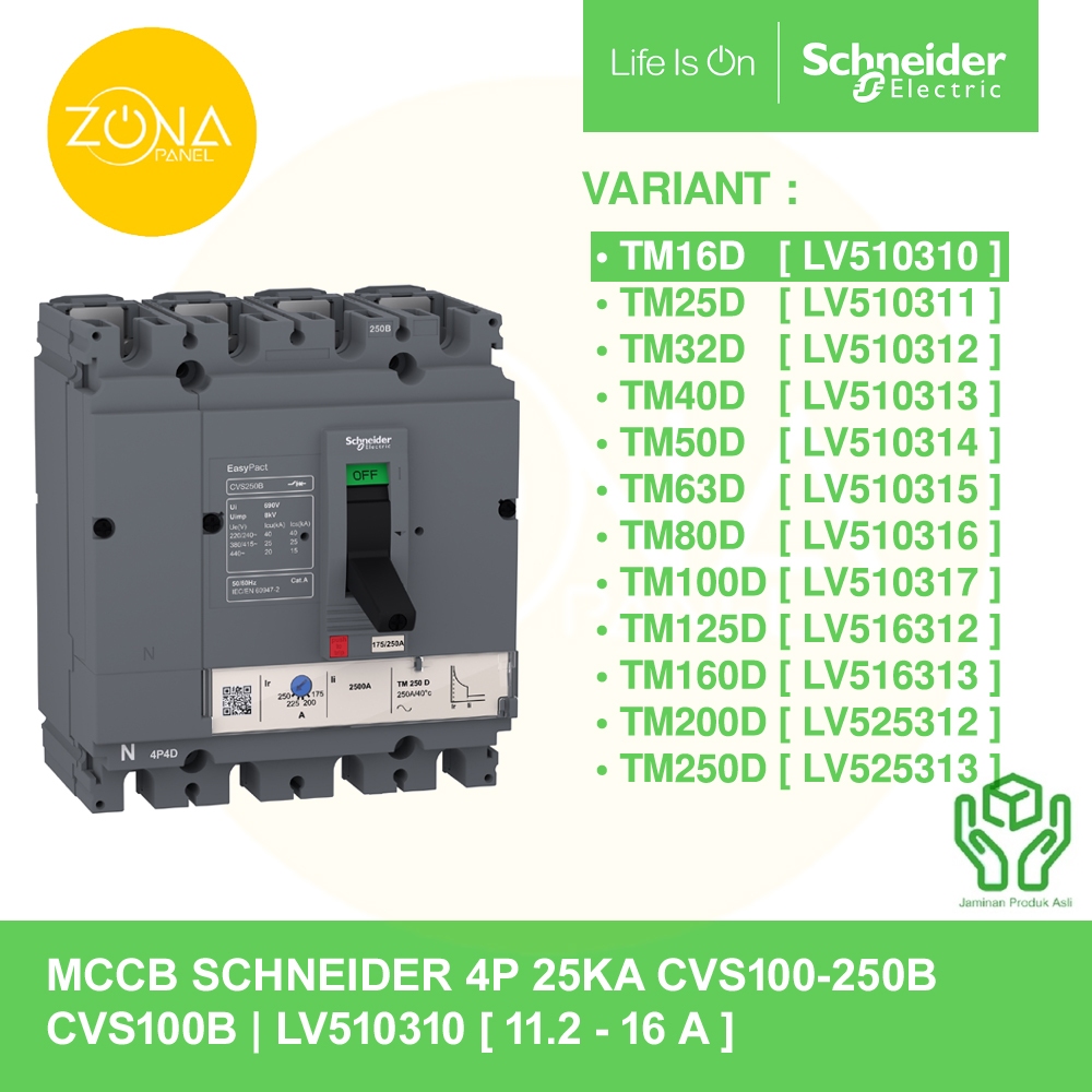 Jual MCCB SCHNEIDER EASYPACT CVS100B 4P 16A 25KA TMD TM16D LV510310 ...