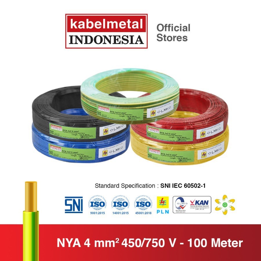 Jual Kabel Metal Indonesia NYA 4mm 4 mm Kawat Engkel Grounding SNI LMK - 100 meter 100m | Shopee ...