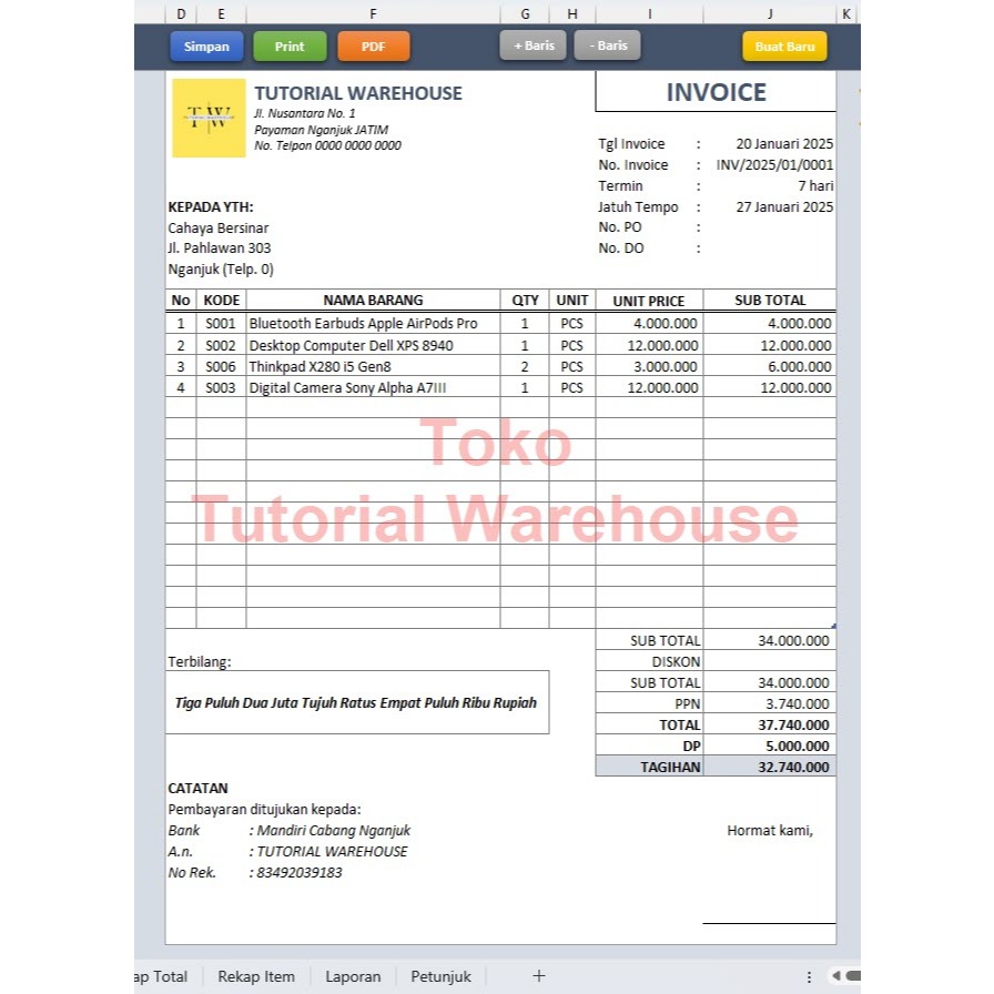 Jual Template Excel Invoice Otomatis Simpan ke Arsip, Cetak PDF, Cetak ...