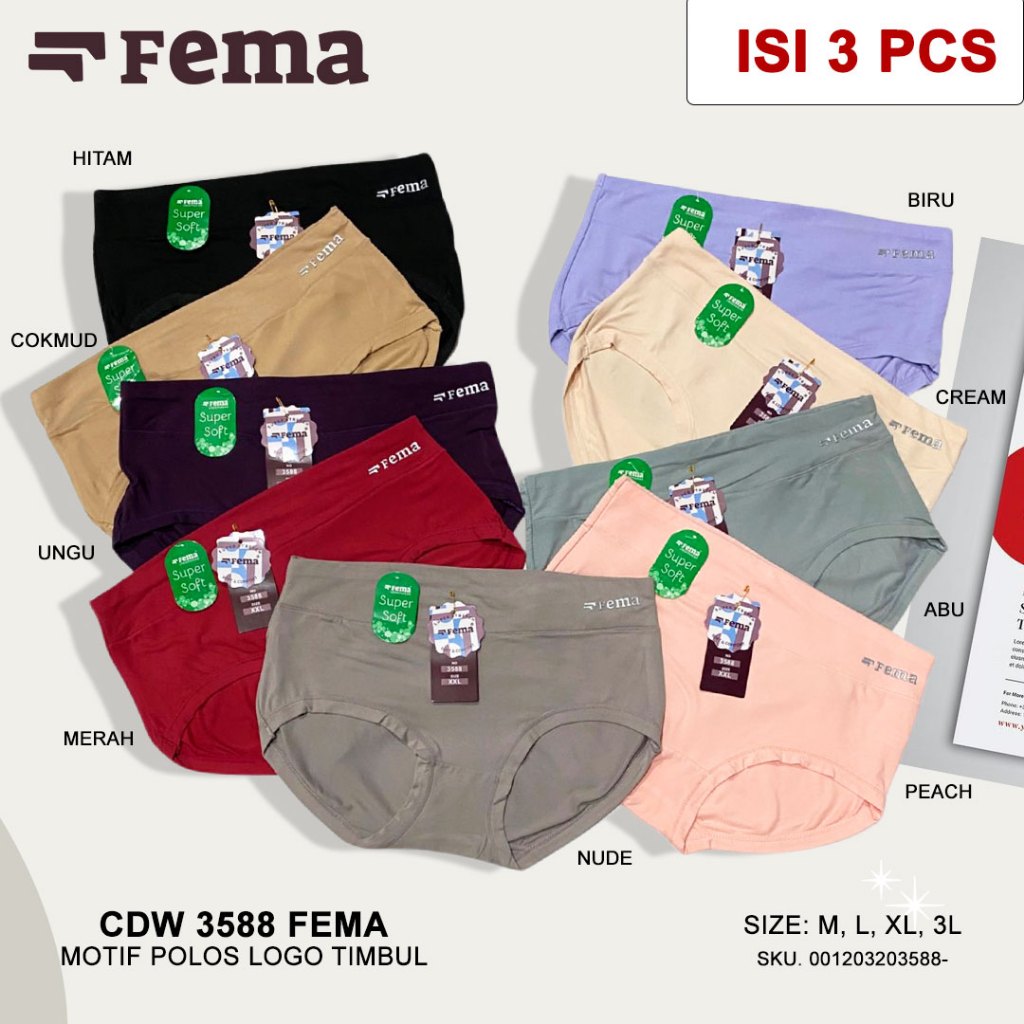 Jual FEMA Official Shop Ecer 3 pcs Celana Dalam Wanita 3588 Polos Sablon Huruf | Shopee Indonesia
