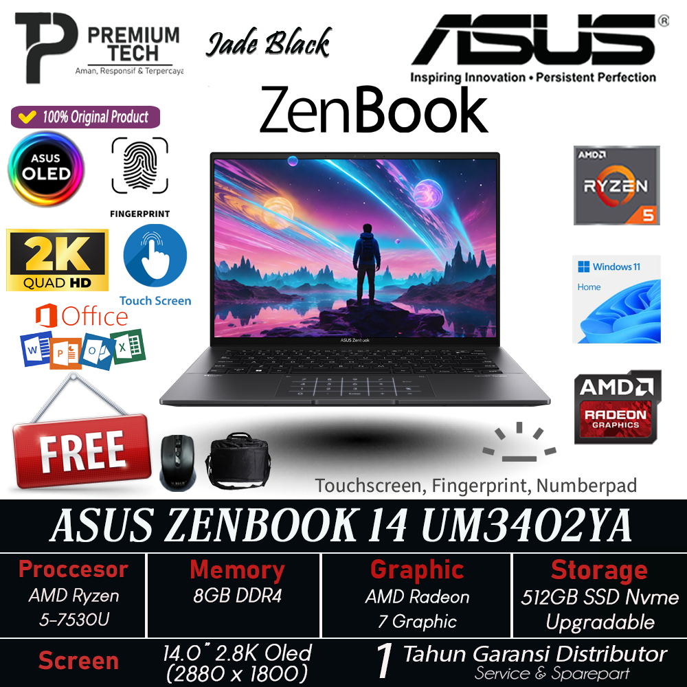 Jual Laptop Asus Zenbook 14 OLED UM3402YA AMD Ryzen 5 7530U ram 8GB ssd ...