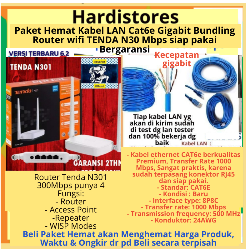 Jual Kabel LAN UTP Cat6e Kabel Wifi Gigabit 40m 50m 60m 70m 75m 80m Bundling Router wifi Tenda ...