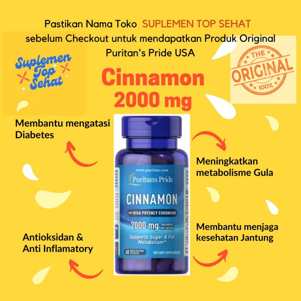 Jual ORIGINAL Puritan Pride Cinnamon Complex 2000 mg with High Potency Chromium is 60 kapsul ...
