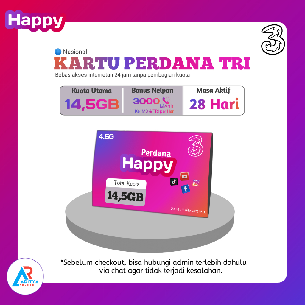 Jual Kartu Perdana Tri Happy 14,5GB 28Hari | Shopee Indonesia