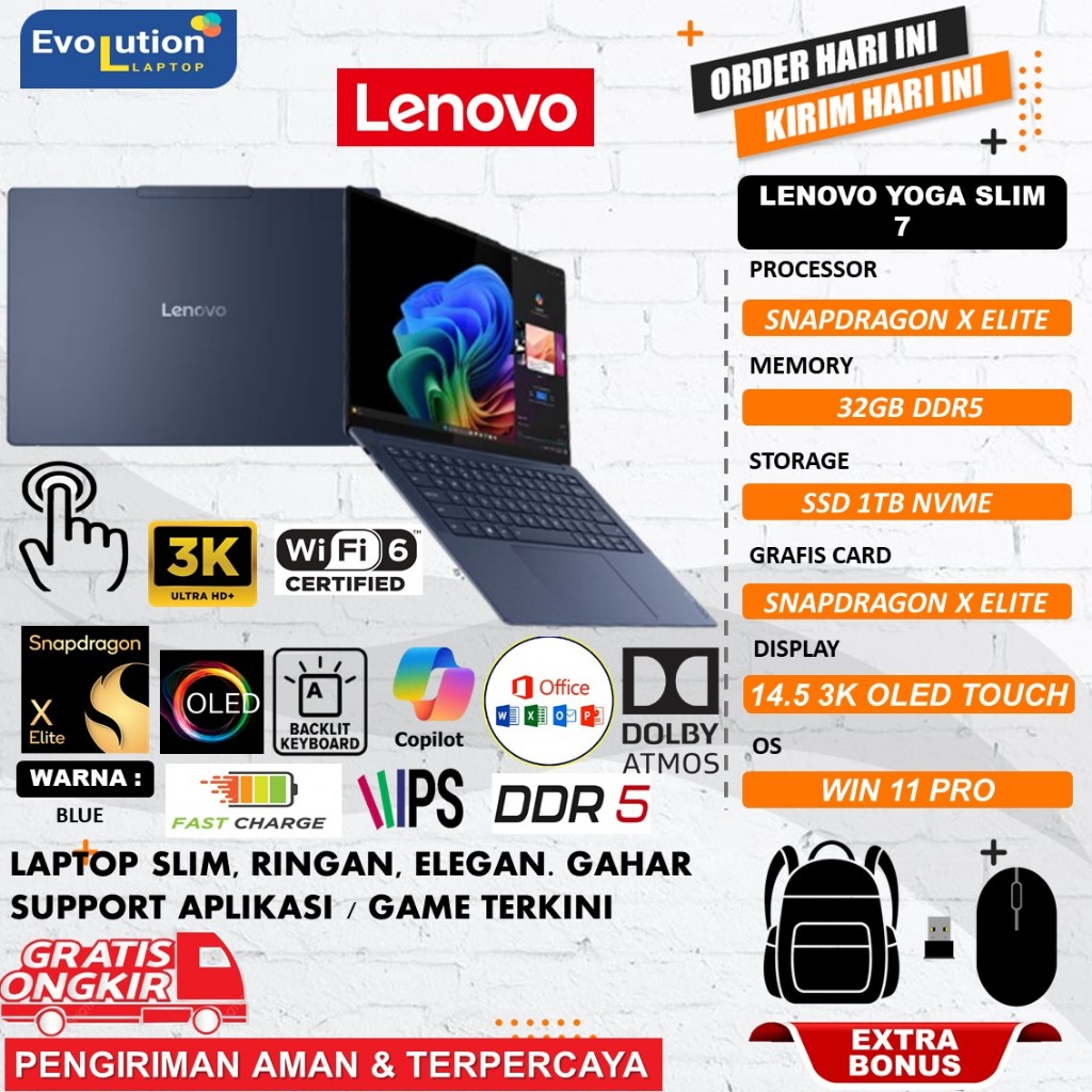 Jual Laptop Touch Lenovo Slim 7X SNAPDRAGON X ELITE X1E78100 32GB DDR5 ...