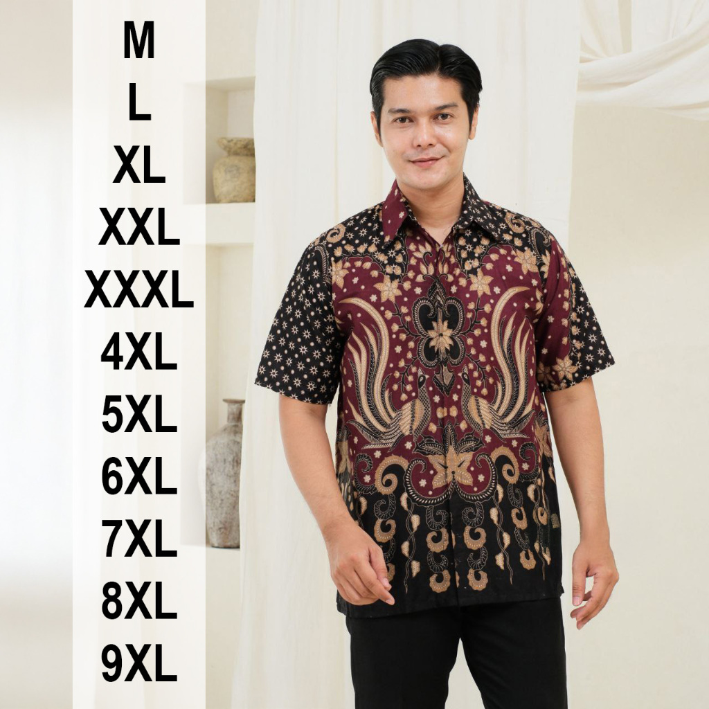 Jual Baju Batik Pria Jumbo Lengan Pendek Burgundy M L XL XXL 3XL 4XL 5XL 6XL 7XL 8XL 9XL Katun ...