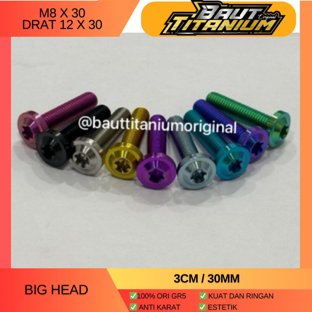 Jual Baut Titanium M8x30 Drat 12 x 30 Big head | Shopee Indonesia