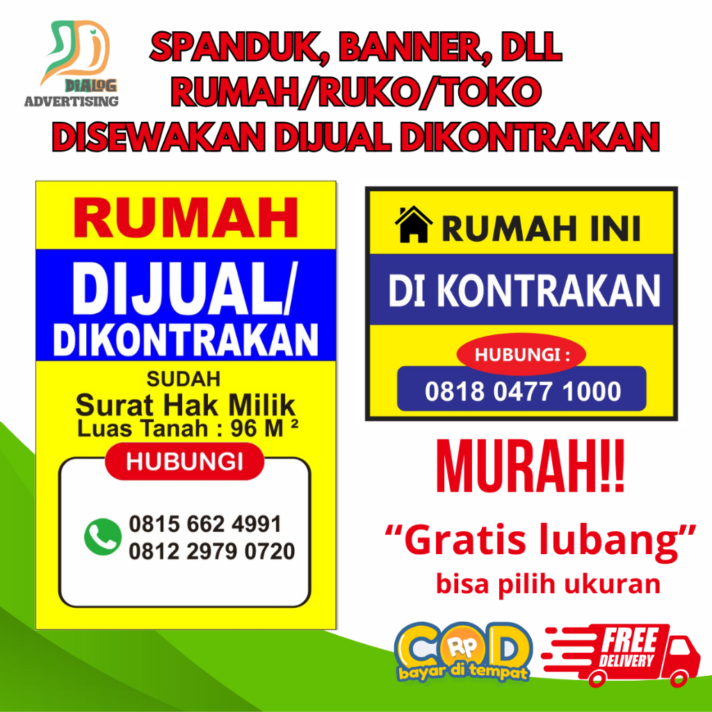 Jual CETAK BANNER SPANDUK RUMAH DIJUAL RUKO DISEWAKAN DIKONTRAKAN MURAH ...