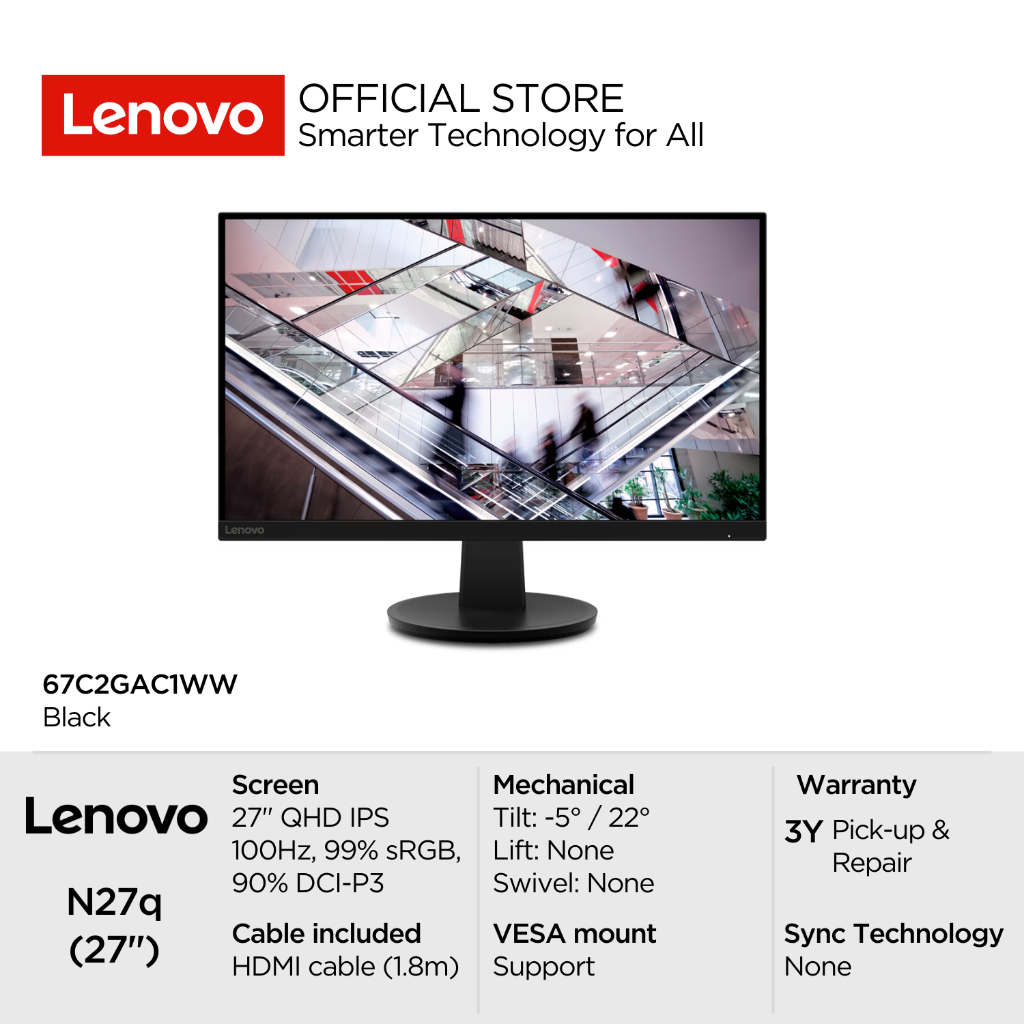 Jual Lenovo Monitor N27q 27" QHD IPS 99% sRGB 90% DCI-P3 100Hz 300nits ...