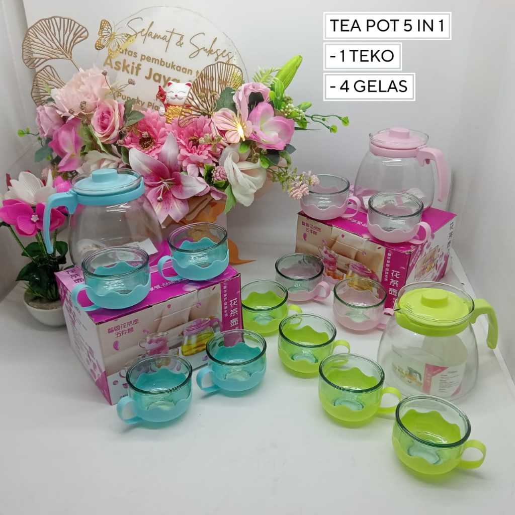 Jual Tea Pot Set 5 in 1 Tempat Minum Teh Teko Set Cangkir Kaca Teapot ...