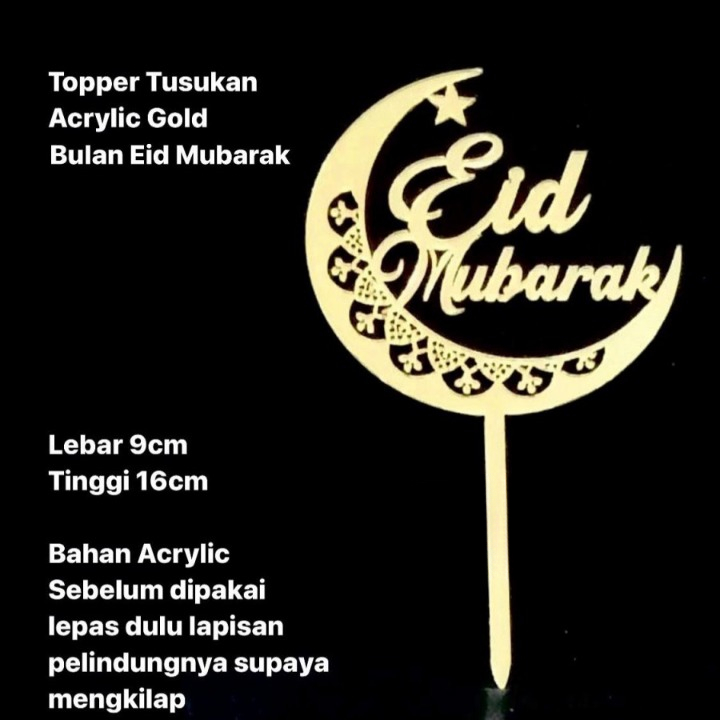 Jual topper kue bolu brownies model eid mubarak bulan warna gold ...