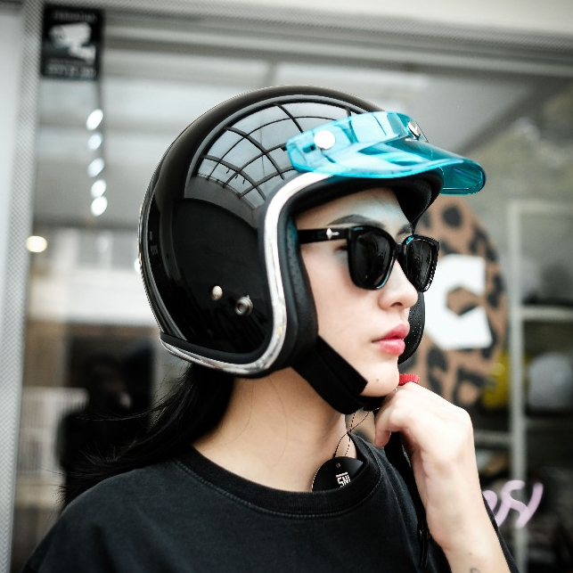 Jual Epic Veil Helmet Open Face Basic Black Glossy List Chrome Helm ...