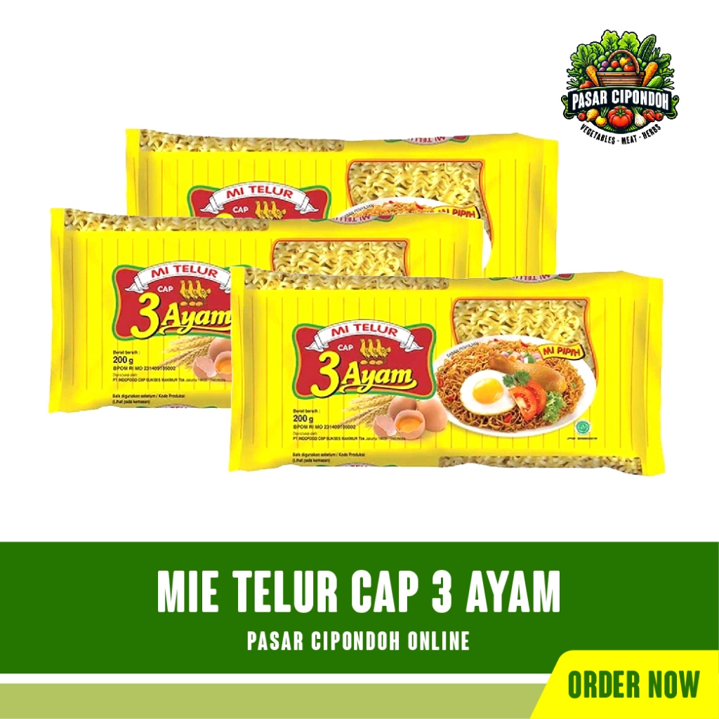 Jual Mie Telor Mi Telur Cap 3 Ayam Kuning 200 gram - Pasar Cipondoh ...