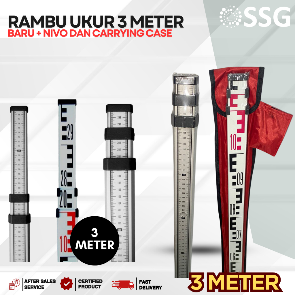 Jual Rambu Ukur 3 Meter + Nivo / Bak Ukur 3 meter / Levelling Staff ...