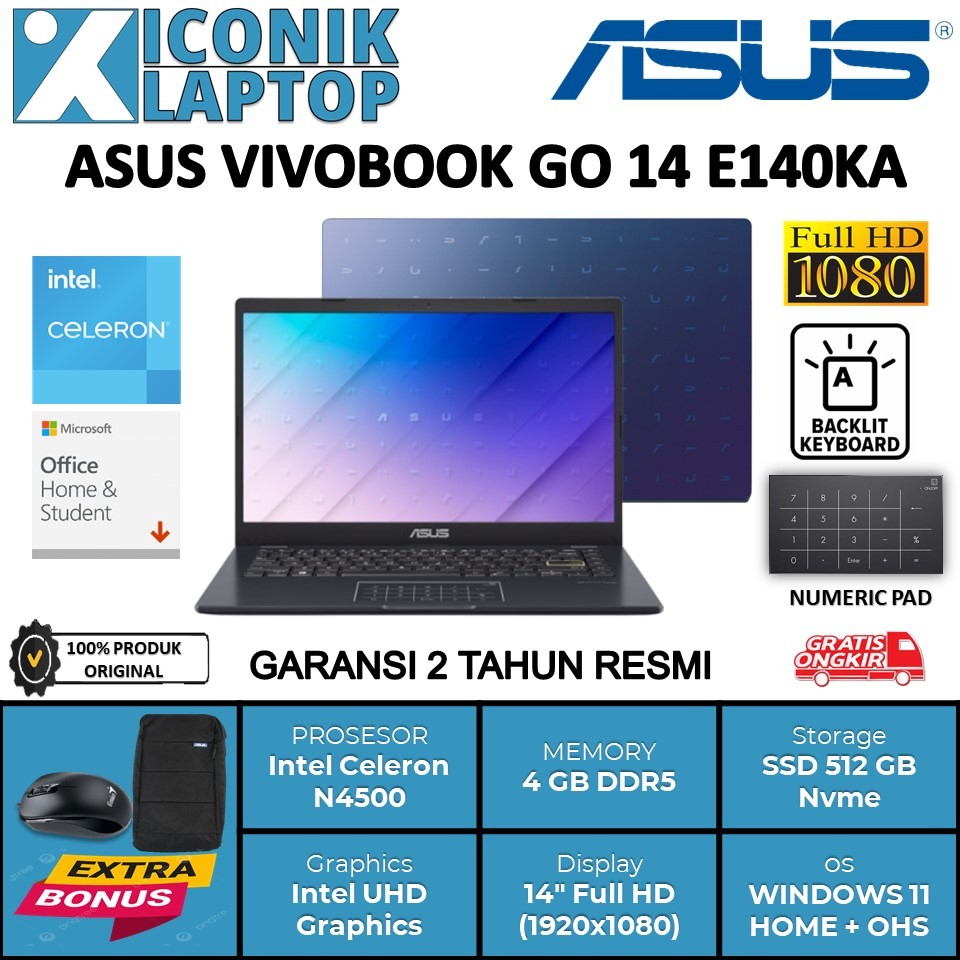 Jual Laptop Sekolah Asus Vivobook GO 14 E140KA Intel N4500 Ram 8 GB Ssd ...
