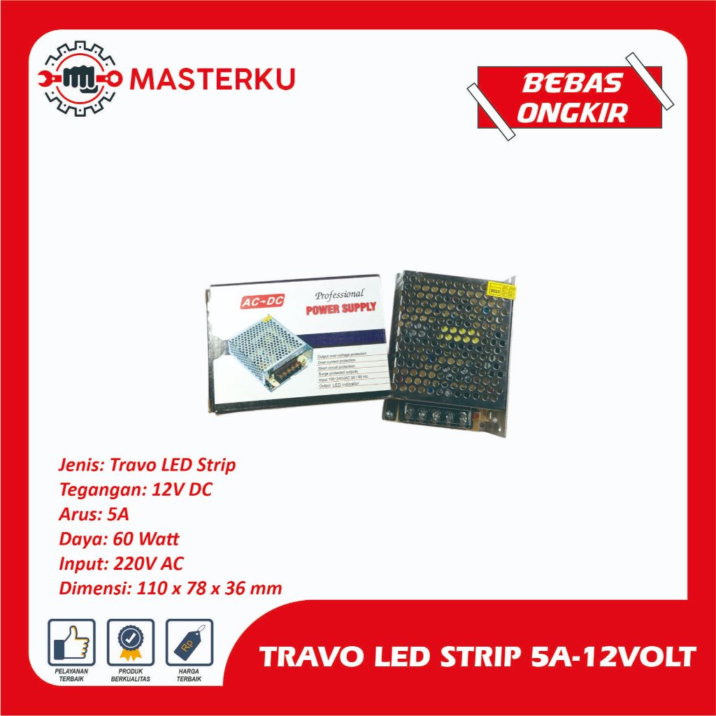 Jual TRAVO LED STRIP 5A -12VOLT / Transformator LED Strip/ Power Supply ...