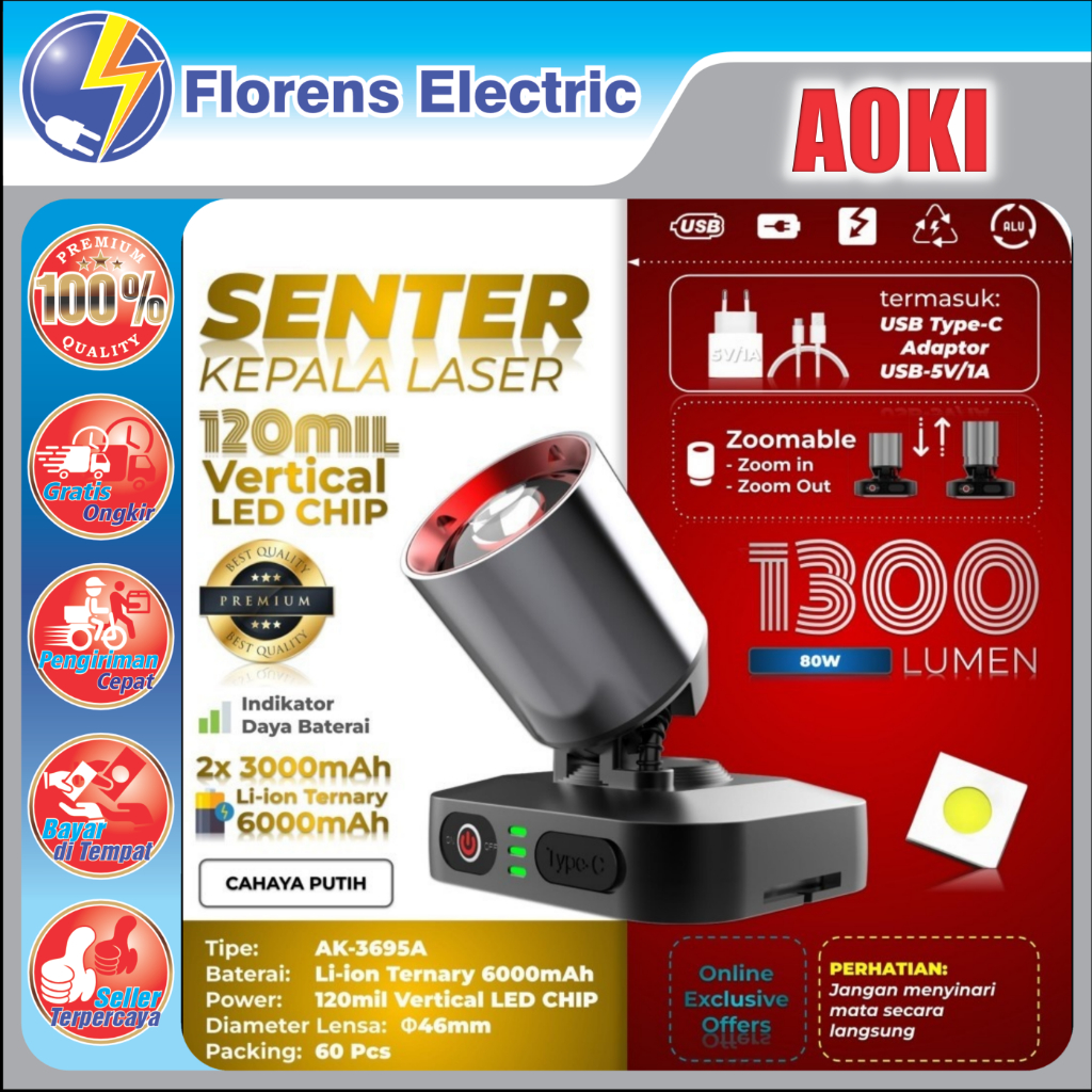 Jual AOKI 80w AK-3695 6000mAH Senter Kepala PRO zoom 1300 lumen alumunium Recharge dengan USB-C ...