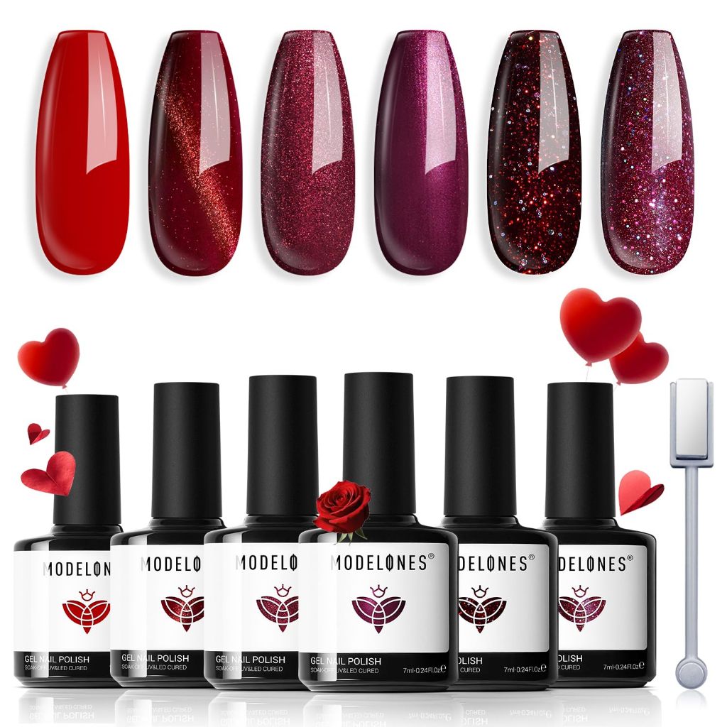 Jual Modelones Gel Nail Polish Set, 6 PCS Valentine's Day Red Burgundy ...