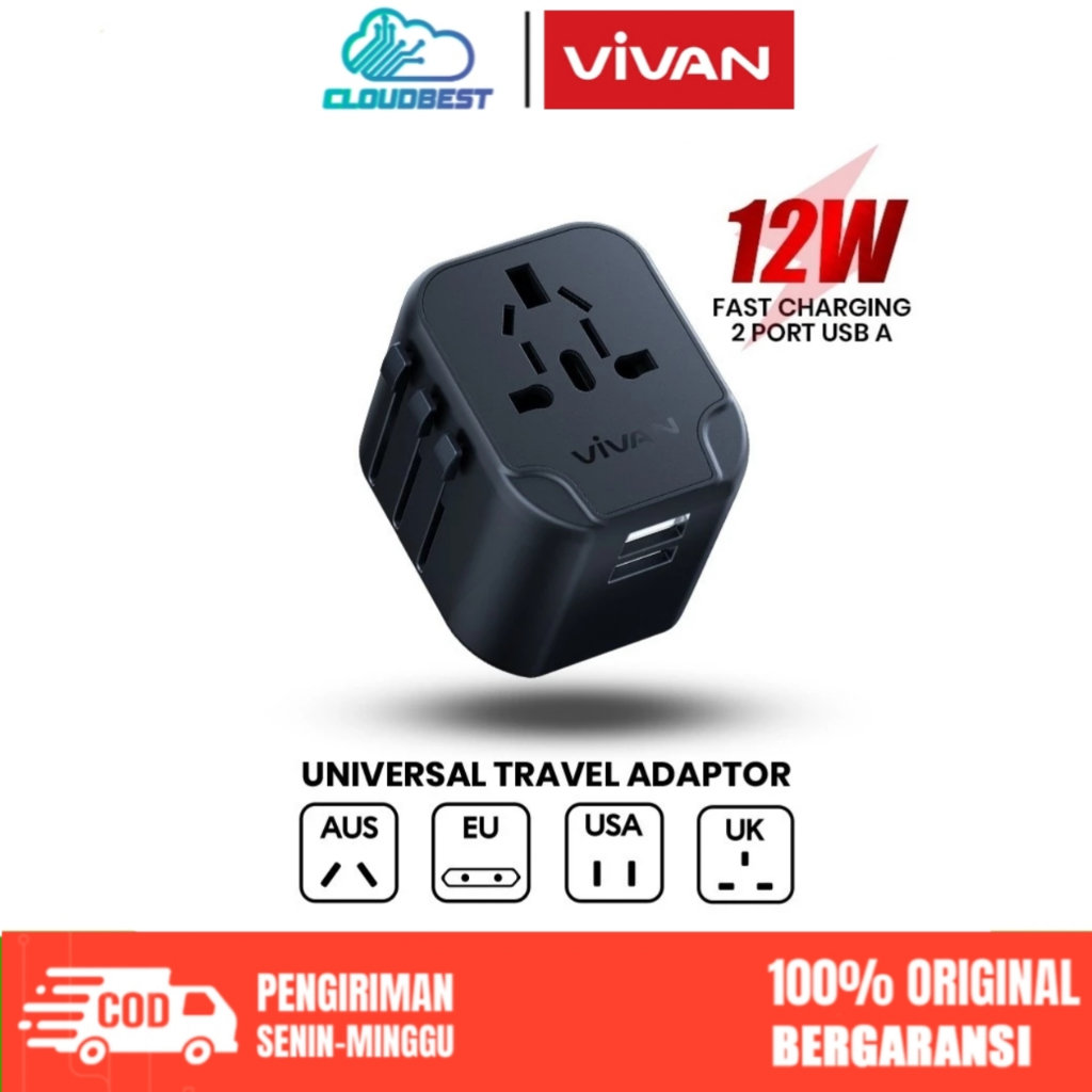 Jual VIVAN Travel Adaptor 12W Dual USB A Multi-country Power Adapter ...