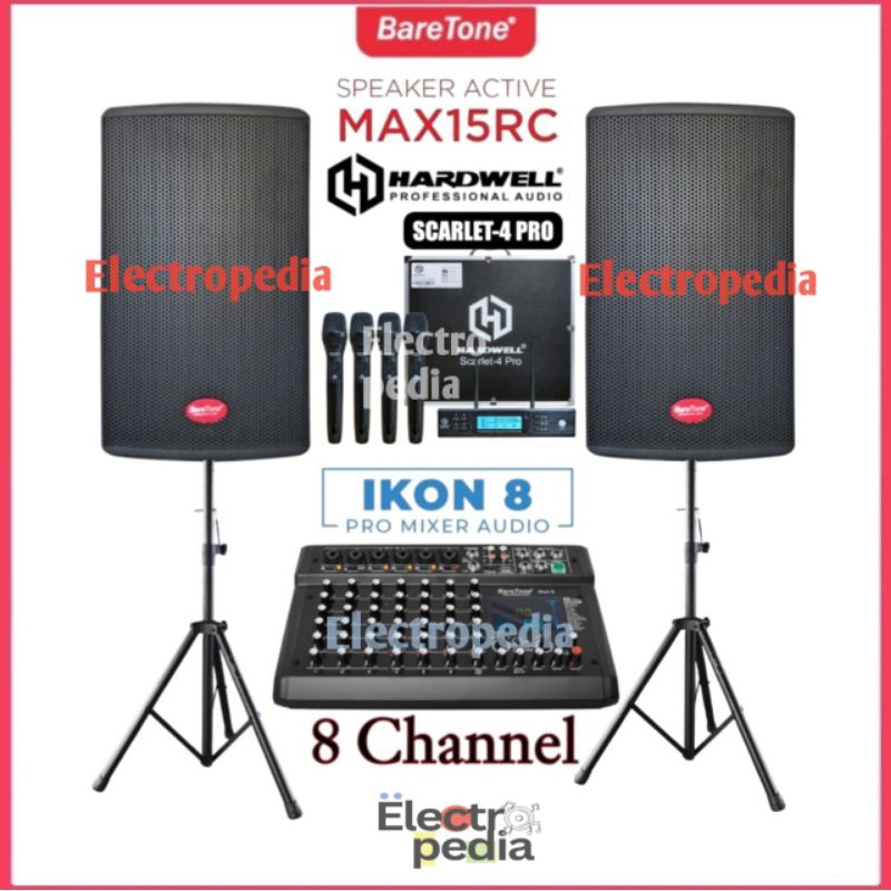 Jual Paket Sound System Speaker Aktif 15inch Baretone Max15RC Mixer Baretone ikon 8ch Mic ...