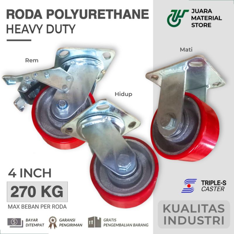 Jual Roda Troli 4 inch 100mm Polyurethane Merah Double Ball Bearing ...