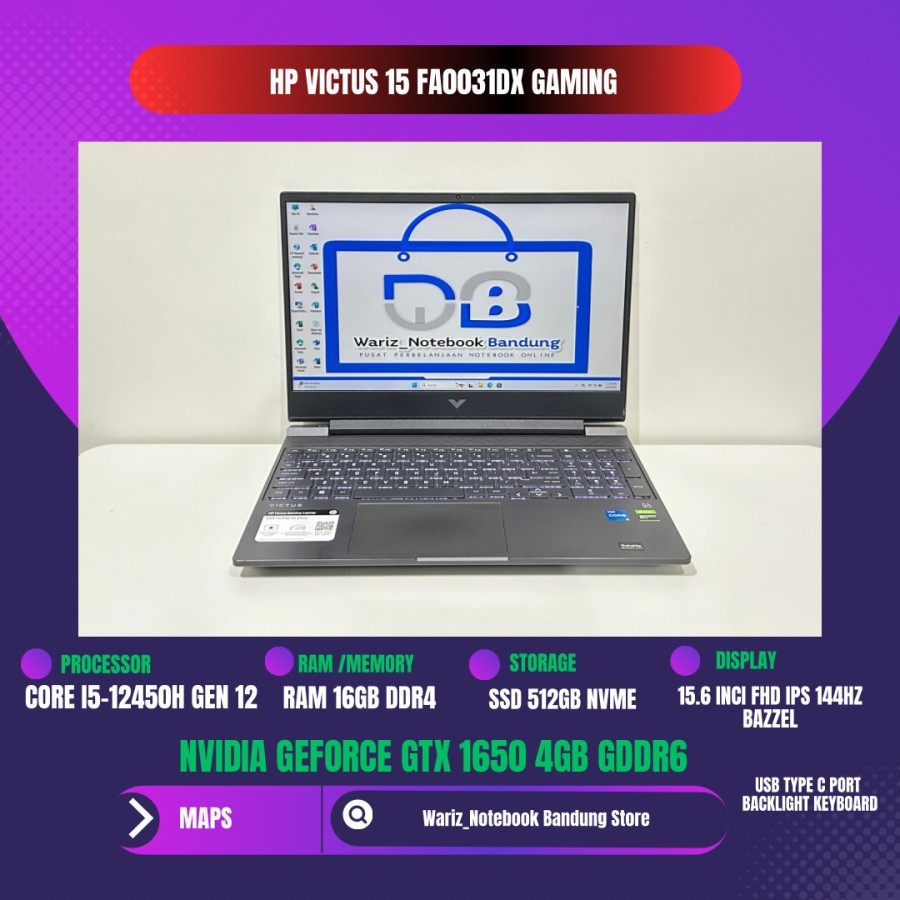 Jual HP VICTUS 15 FA0031DX CORE I5-12450H GEN 12 RAM 16GB SSD 512GB GTX 1650 144Hz | Shopee ...