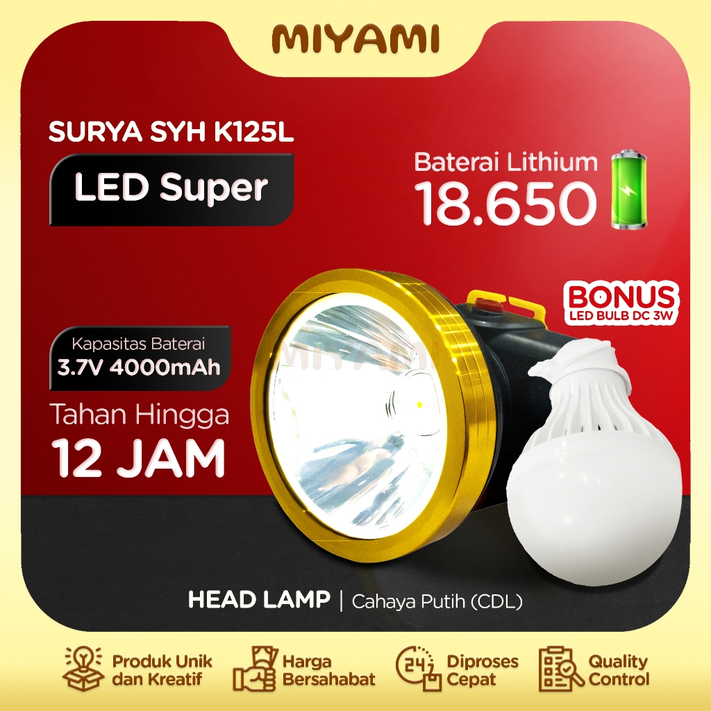 Jual Senter Kepala SURYA SYH K125L LED 12W Cahaya Putih Rechargeable ...