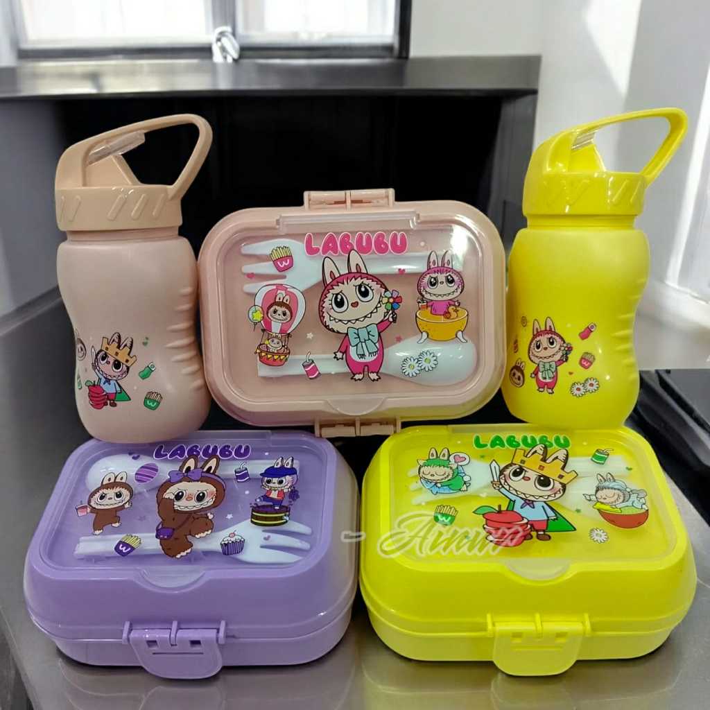 Jual LUNCH BOX SET ANAK KARAKTER LABUBU KOTAK MAKAN 2 SUSUN MURAH FREE BOTOL MINUM SENDOK GARPU ...