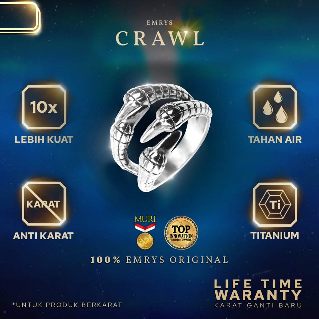Jual BUY 1 FREE 1 GIFT Emrys Premium Ring CRAWL Real Titanium Anti ...