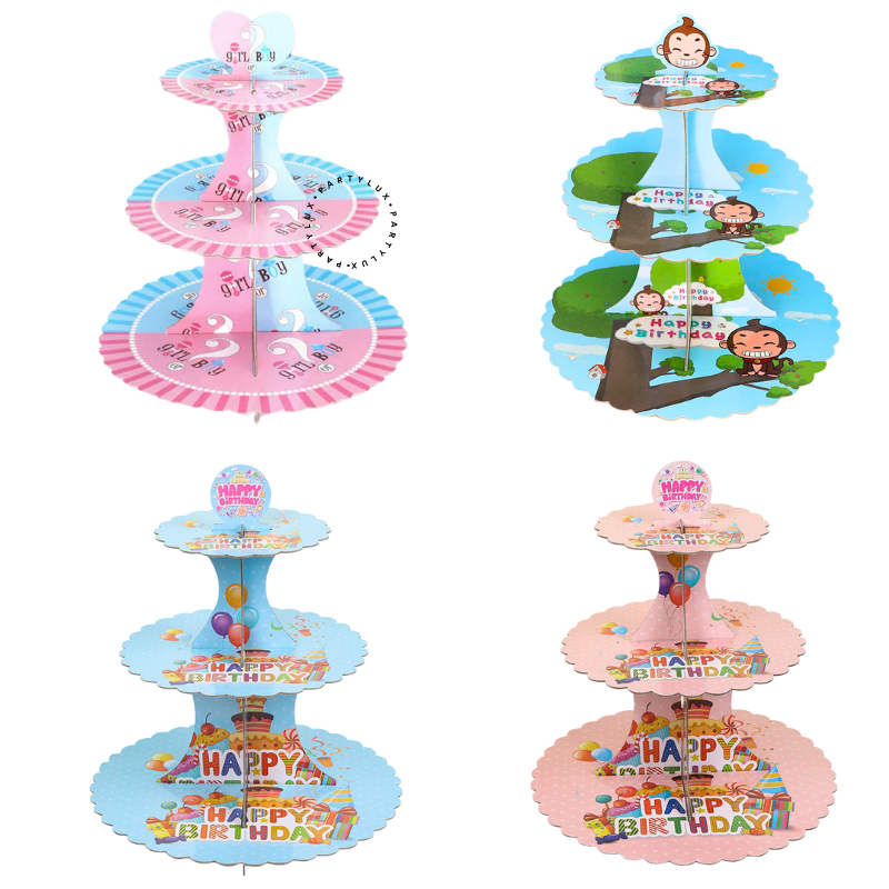 Jual Tatakan Kue Ulang Tahun 3 Tingkat Motif Happy Birthday / Cupcake ...
