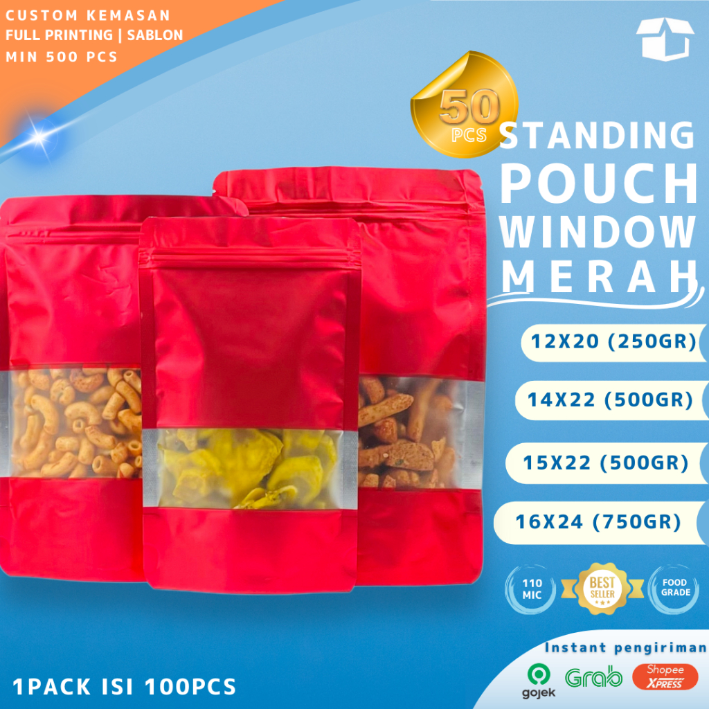 Jual 50 Pcs Standing Pouch Window Merah | Zipper | Kemasan Premium ...