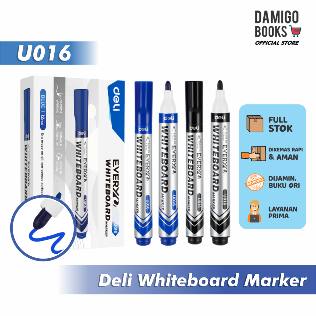 Jual Deli Spidol Whiteboard-Dry Erase Marker 2.5mm EUI016-Biru, Hitam ...