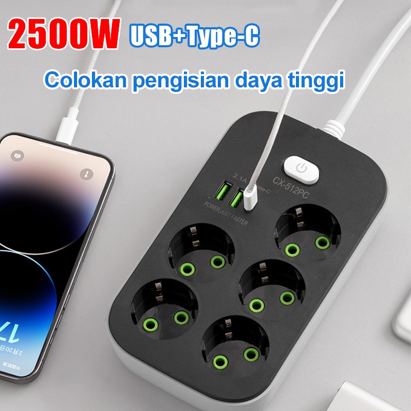 Jual 2500W Safety Socket 5 Slot Plug-in USB+TYPE-C Panjang 2M/3M ...