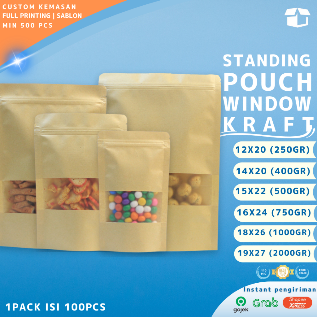 Jual Standing Pouch Window Kraft Paper 18x26 cm (1000g) - Packaging ...