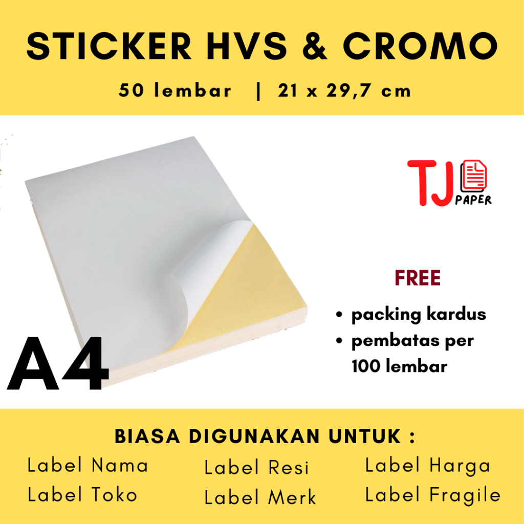 Jual (50 lembar) Sticker HVS / Cromo - A4 / F4 (Sticker Doff / Sticker ...