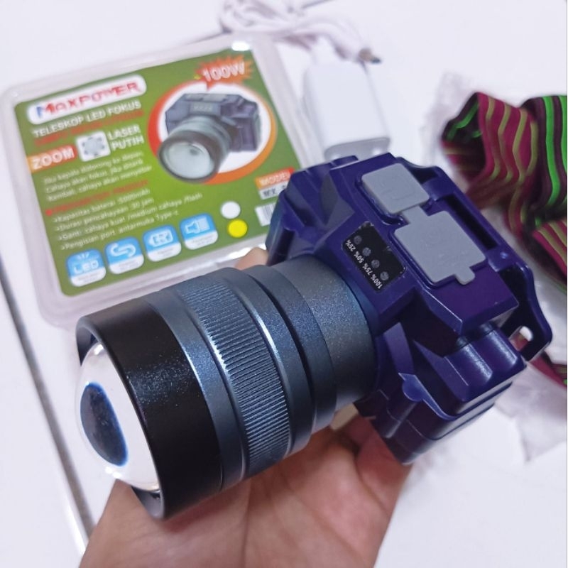 Jual Maxpower 100 watt Senter Kepala Zoom 5000mAh Super terang Maksimal Laser LED Cahaya putih ...