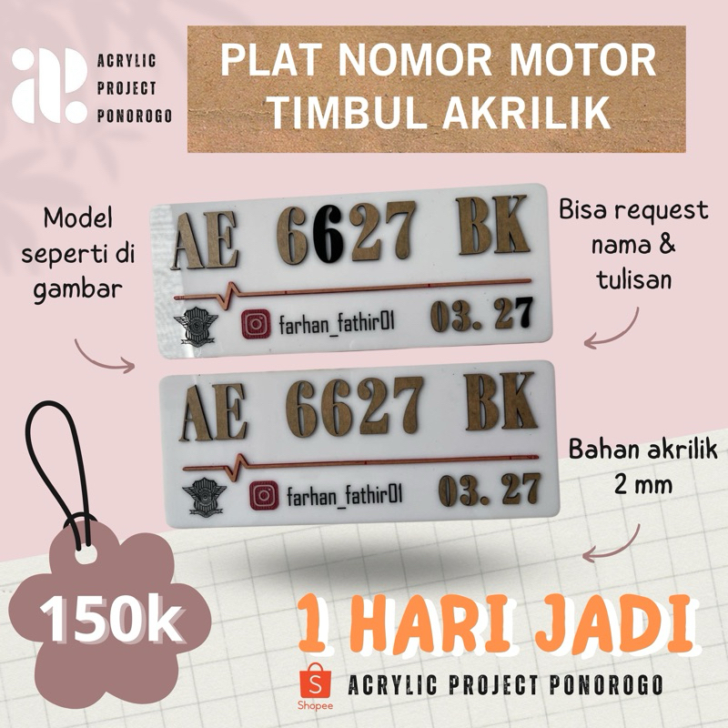Jual PLAT NOMOR MOTOR AKRILIK TIMBUL bisa custom / plat nomor motor ...