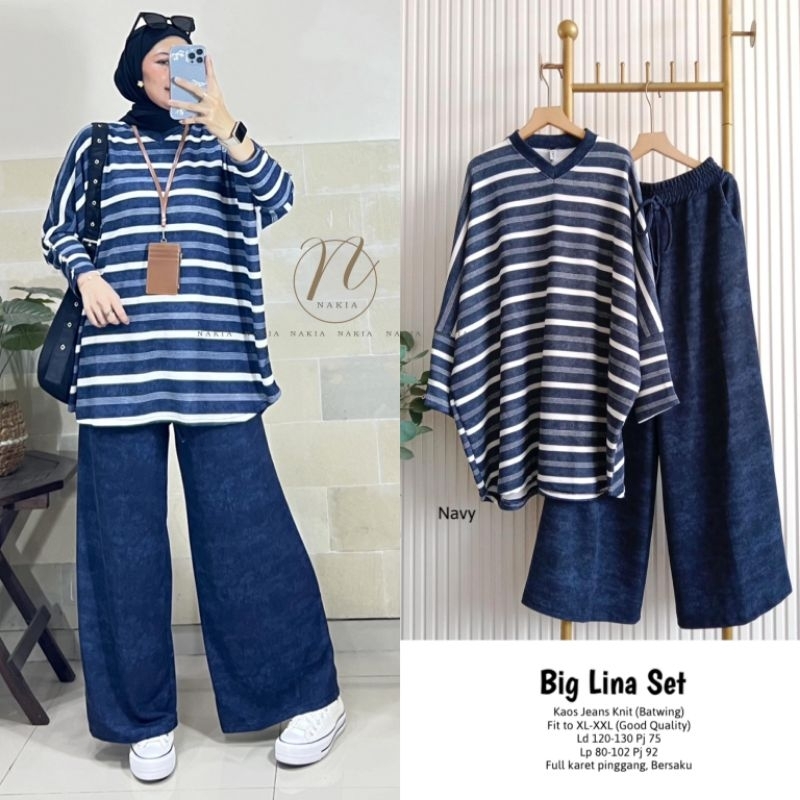 Jual NAKIA - Big Lina Doti Lovi Set / Setelan Wanita Jumbo Kaos Jeans Knit ( Batwing ) Motif ...