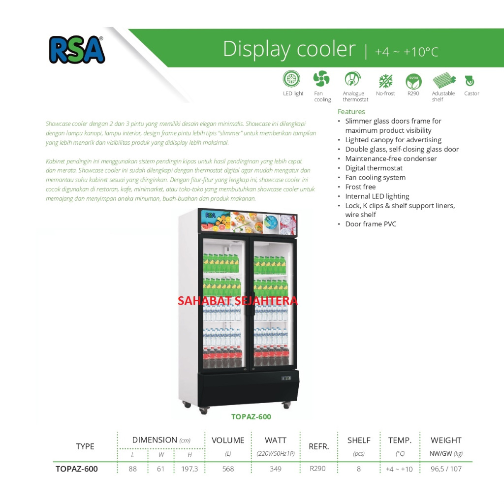 Jual RSA Display Cooler TOPAZ-600 Kulkas Showcase Kaca 2 Pintu | Shopee ...