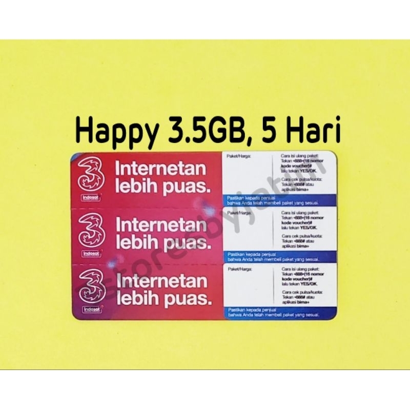 Jual Voucher Kuota Data 3 / Three / Tri Happy 3.5GB, 5 Hari ( Promo ) NEW total (4.5GB) | Shopee ...
