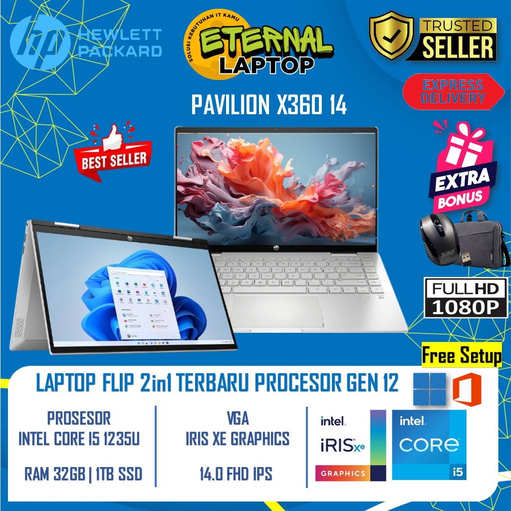 Jual Laptop Flip HP Pavilion X360 14 Intel i5 1235U Ram 32GB SSD 1TB Iris Xe Touchscreen Windows ...