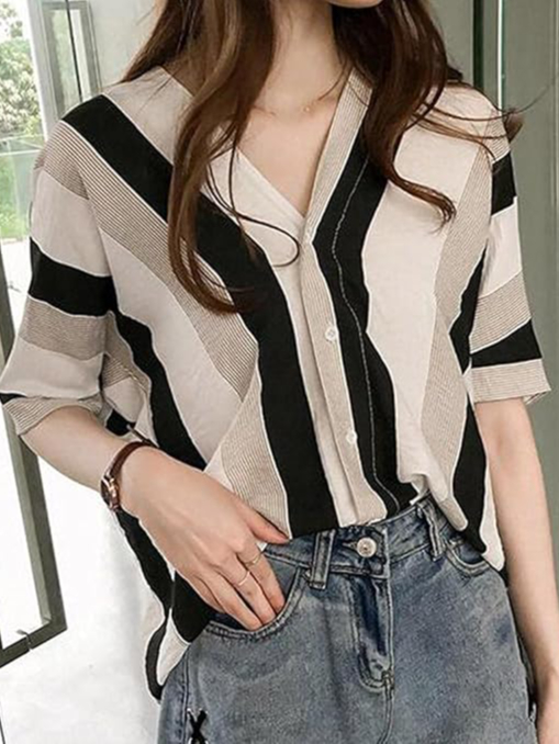 Jual Blouse Atasan Blus Wanita Motif Salur Kancing Korean Style [BLS07] | Shopee Indonesia