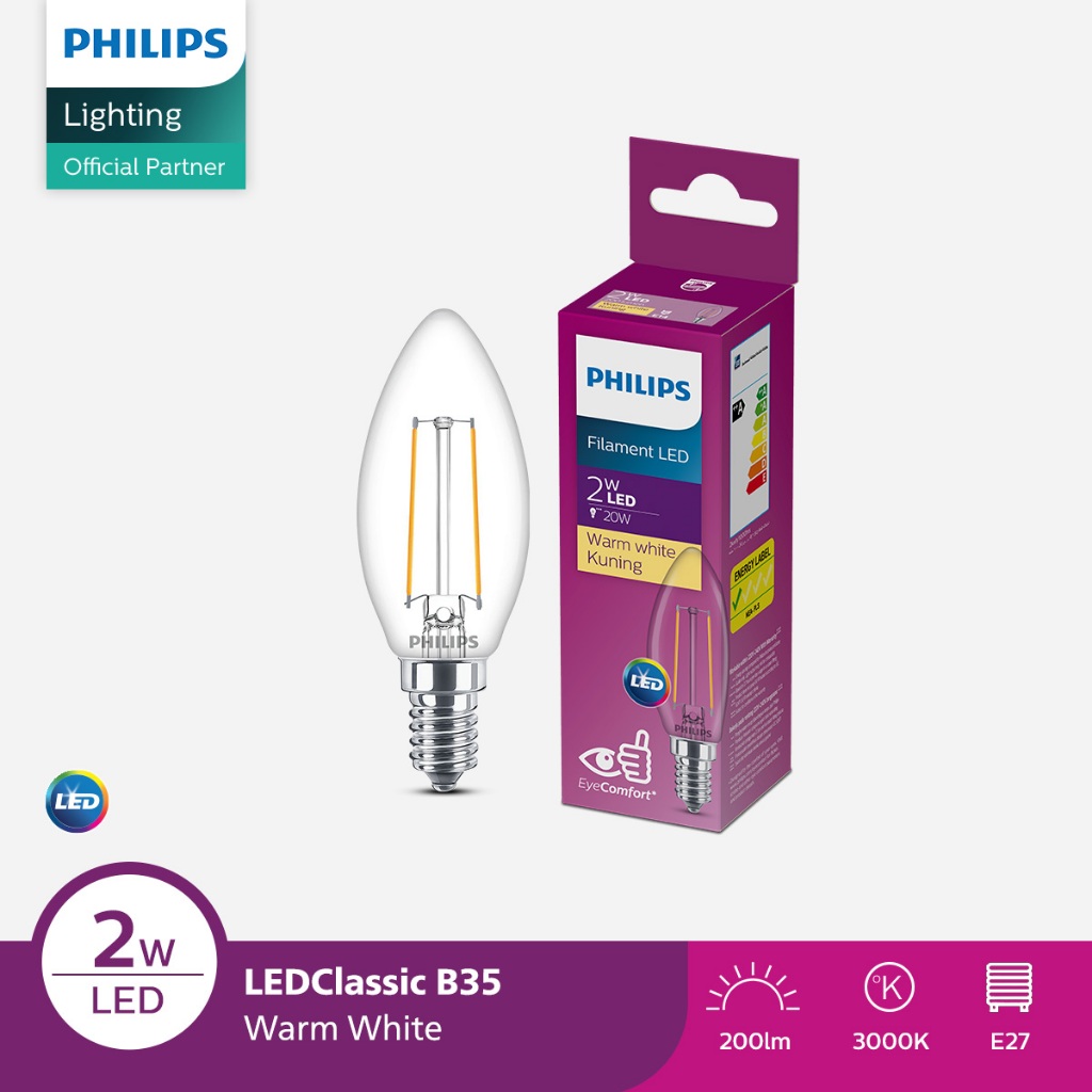 Jual Lampu Philips Filament Bohlam LED 2W B35 E14 Kuning | Shopee Indonesia