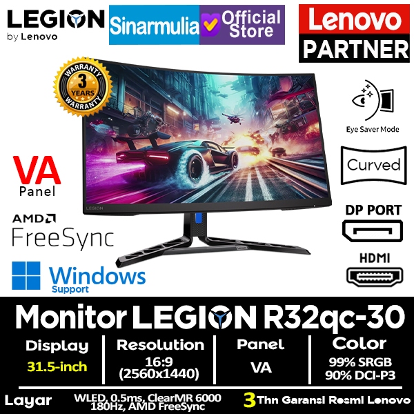 Jual Monitor Gaming Lenovo Legion R32qc-30 VA 180Hz 0.5ms 2K QHD 99 ...